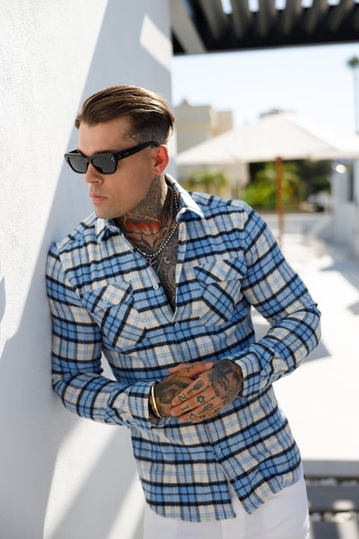 Light Blue Check Shacket With Double Pockets - FS1072 – Father Sons